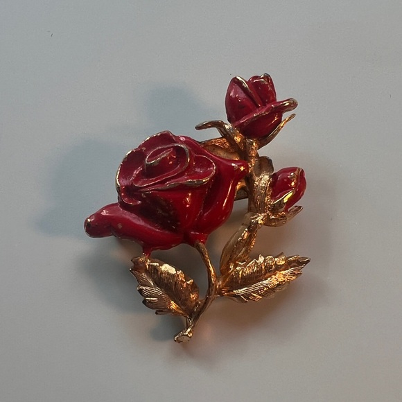 Jewelry | Vintage Red Rose Enamel Brooch With Gold Accents | Poshmark